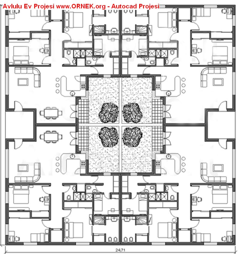 Avlulu Ev Projesi dwg projesi - Autocad Projeler